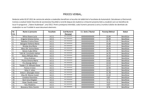 proces verbal - Facultatea de Automatică Calculatoare și Electronică