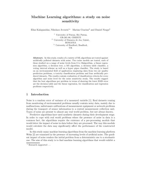 Machine Learning algorithms: a study on noise sensitivity