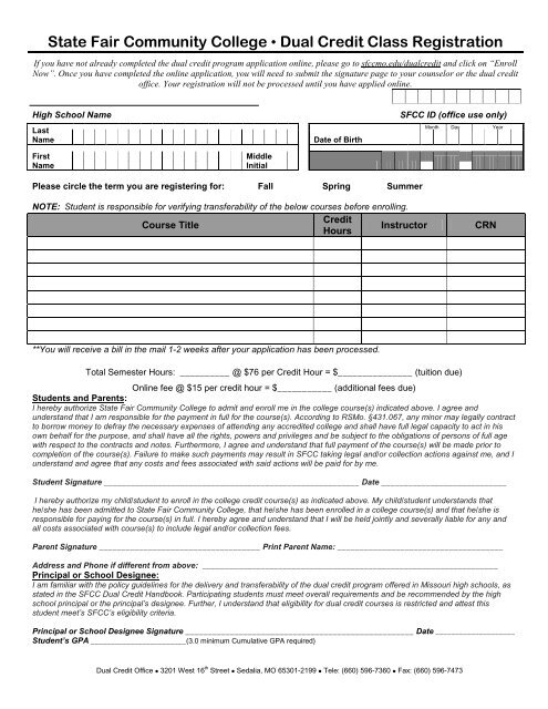 Dual Credit Class Registration Form - State Fair Community College