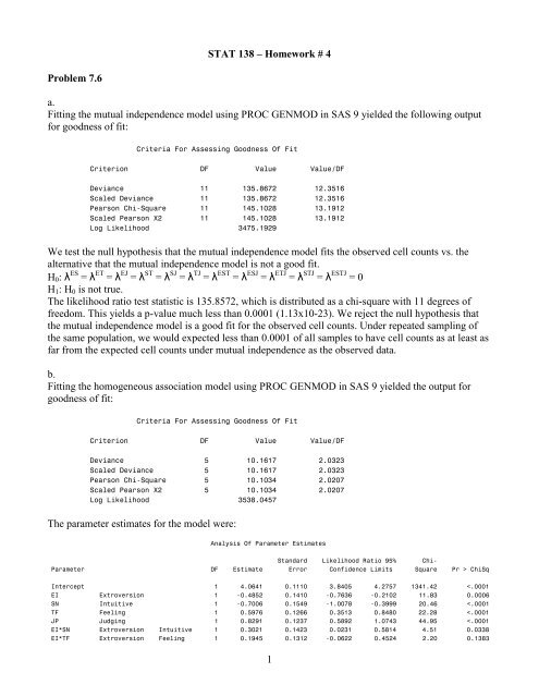 1 Stat 138 Ã¢Â€Â“ Homework 4 Problem 7 6 A Fitting The Statistics