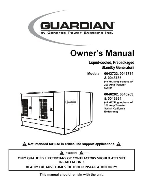 Owner's Manual - Generac Parts