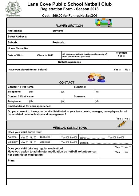 Lane Cove Public School Netball Club Registration Form - Season ...