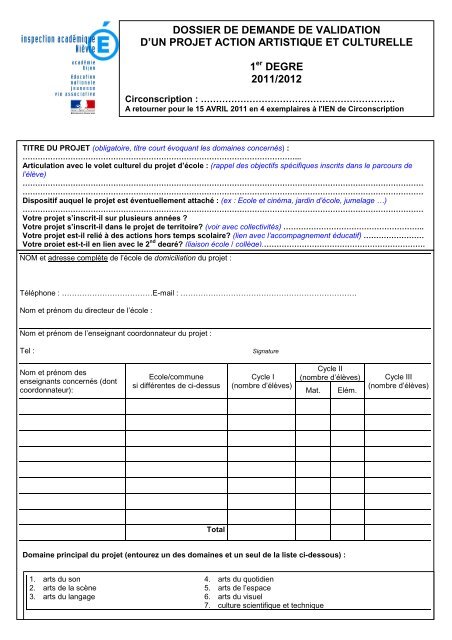 Dossier de demande de validation d'un projet action artistique et ...