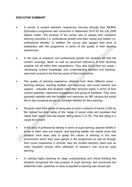 EXECUTIVE SUMMARY â ¢ A survey of student teachers' experience ...