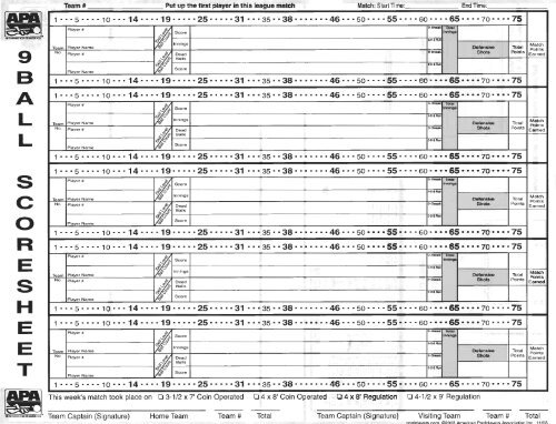 9-Ball Scoresheet - American Poolplayers Association