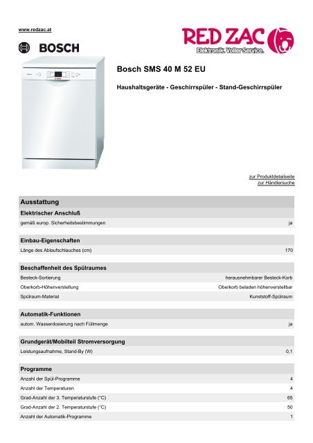 Produktdatenblatt Bosch SMS 40 M 52 EU - Red Zac