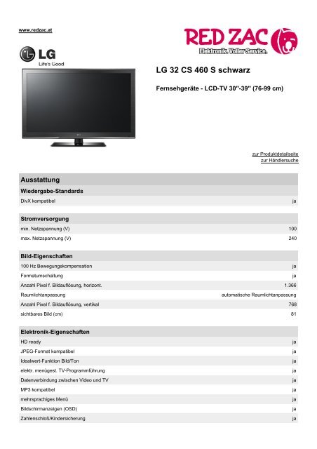 Produktdatenblatt LG 32 CS 460 S schwarz - Red Zac