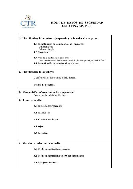 Gelatina Simple MSDS - CTR Scientific