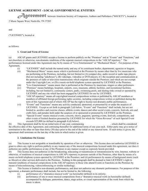 PRIVATE CLUB LICENSE AGREEMENT - ascap