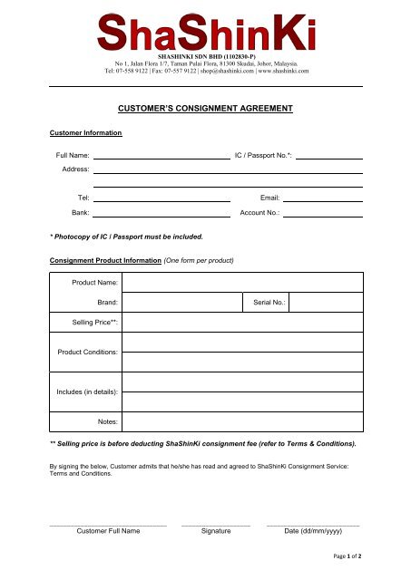 CUSTOMER'S CONSIGNMENT AGREEMENT - ShaShinKi.com