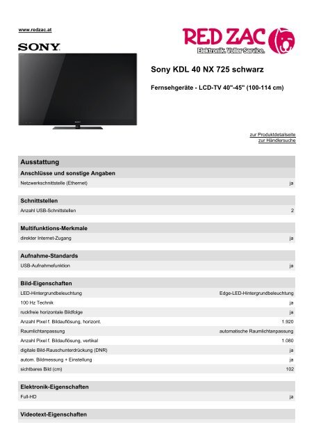 Produktdatenblatt Sony KDL 40 NX 725 schwarz - Red Zac