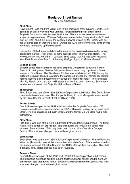 Boolaroo Street Names - Lake Macquarie City Art Gallery