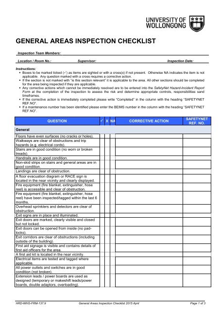 GENERAL AREAS INSPECTION CHECKLIST - Staff