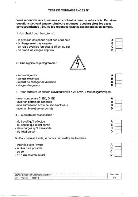 TEST DE CONNAISSANCES NÂ°1 Vous rÃ©pondrez aux questions en ...