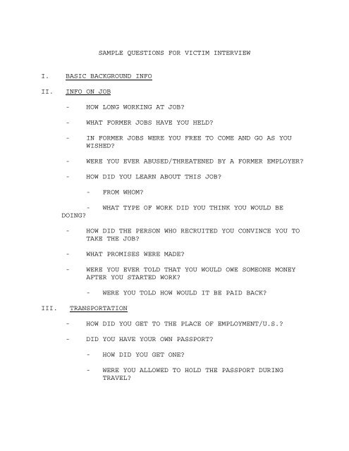 SAMPLE QUESTIONS FOR VICTIM INTERVIEW I. BASIC ...