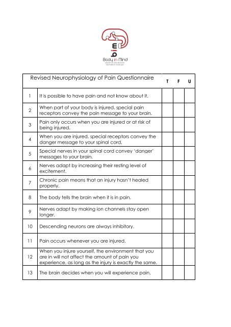 Revised Neurophysiology of Pain Questionnaire - Body in Mind