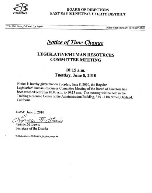 Notice of Time Change - East Bay Municipal Utility District