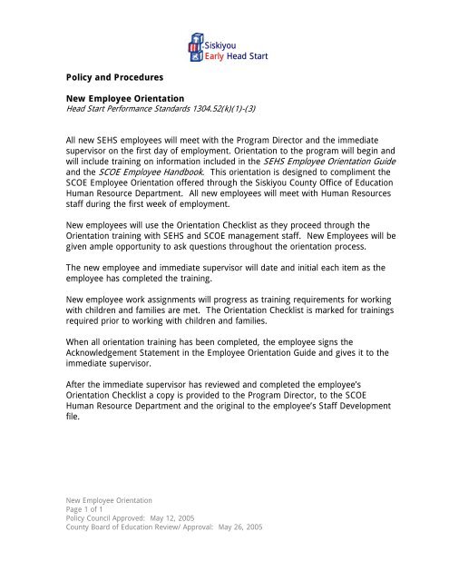 Siskiyou Early Head Start Policy and Procedures New Employee ...