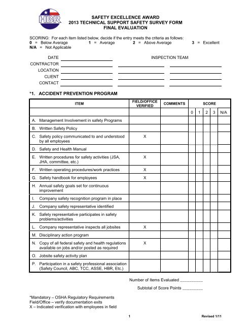 2013 Technical Support Field Audit Form - HBR