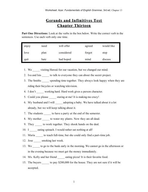 Gerunds and Infinitives Test Chapter Thirteen - AzarGrammar.com