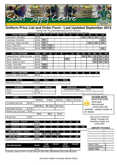 Uniform Price List and Order form - Scouts Queensland