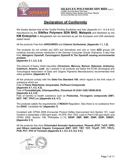 Declaration of Conformity - Silkflex Bangladesh Ltd.