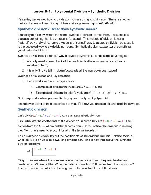 Lesson 9-4b: Polynomial Division â Synthetic Division