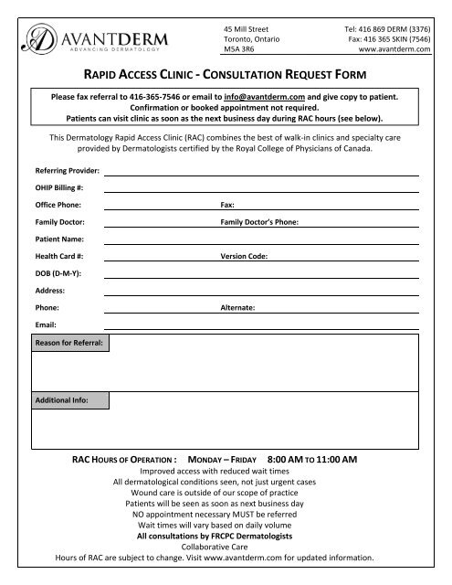 rapid access clinic -consultation request form - AvantDerm