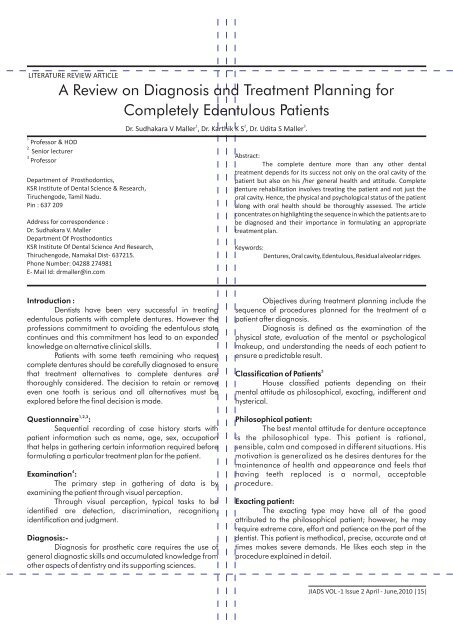 A review on diagnosis and treatment planning for completely ...