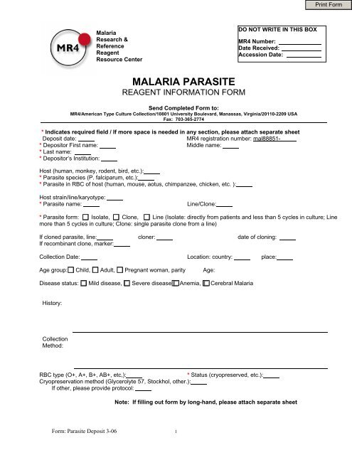 Malaria Parasite Information Form - MR4