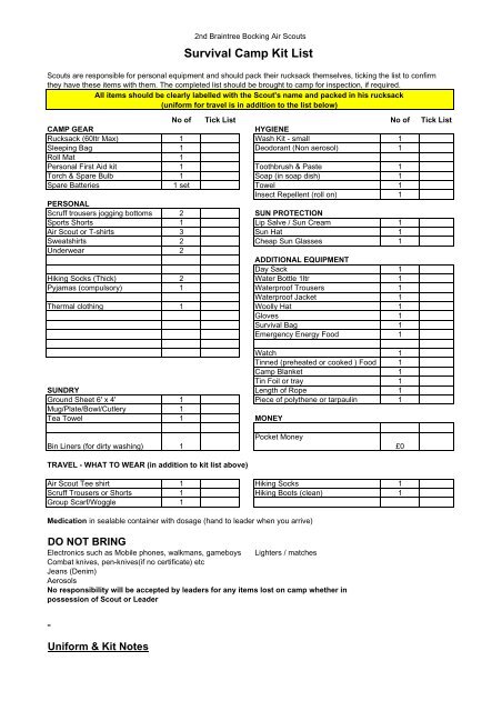 Survival Camp Kit List - 2nd Braintree and Bocking Air Scout Group
