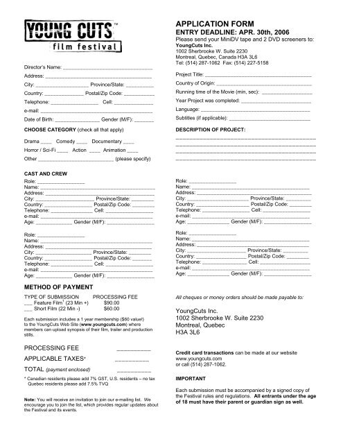 APPLICATION FORM - YoungCuts Film Festivals
