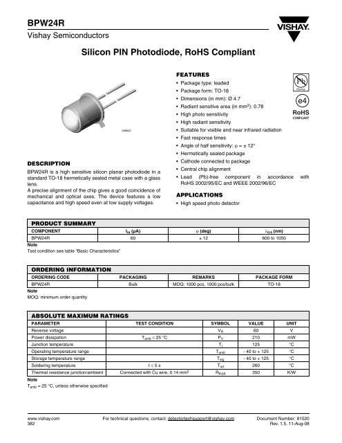 Silicon PIN Photodiode, RoHS Compliant BPW24R
