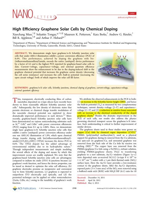 High Efficiency Graphene Solar Cells by Chemical Doping