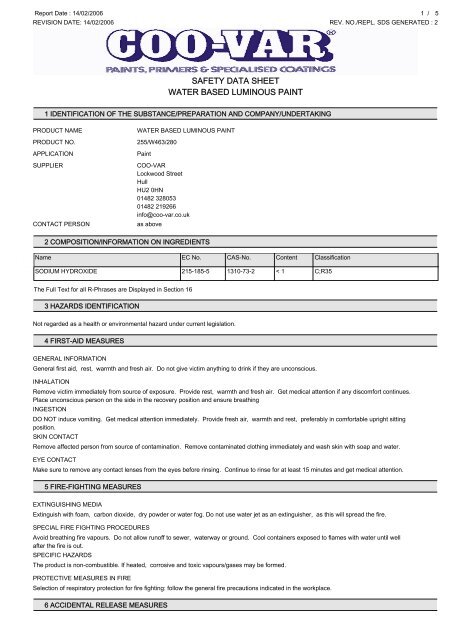 SAFETY DATA SHEET WATER BASED LUMINOUS PAINT - Promain