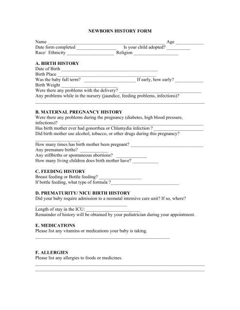 Newborn History Form - Witham Health Services