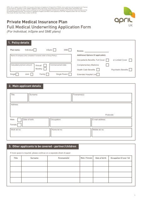 Full Medical Underwriting Application Form - April UK