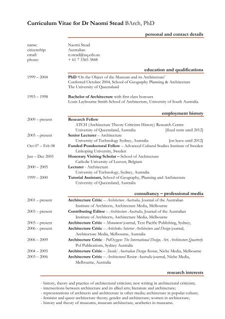 Stead CV and publications March 2011 - Naomi Stead