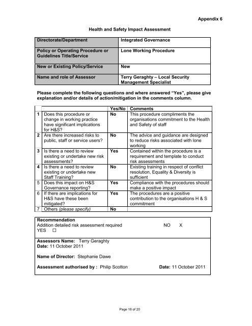 Appendix 6Health and Safe