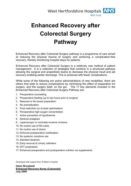 Enhanced Recovery after Colorectal Surgery Pathway - West ...