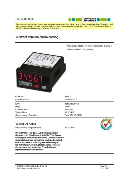 Phoenix Contact 2864011 datasheet