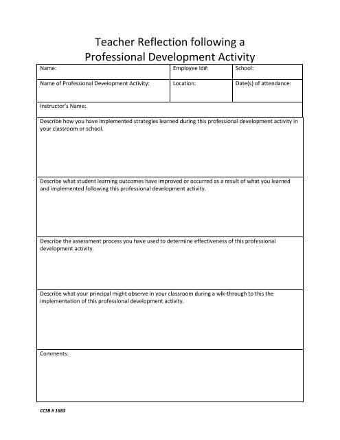 Teacher Reflection following a Professional Development Activity Teacher Reflection following a Professional Development Activity