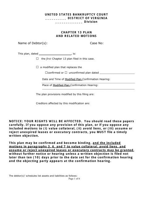 Division CHAPTER 13 PLAN AND RELATED MOTIONS Name o