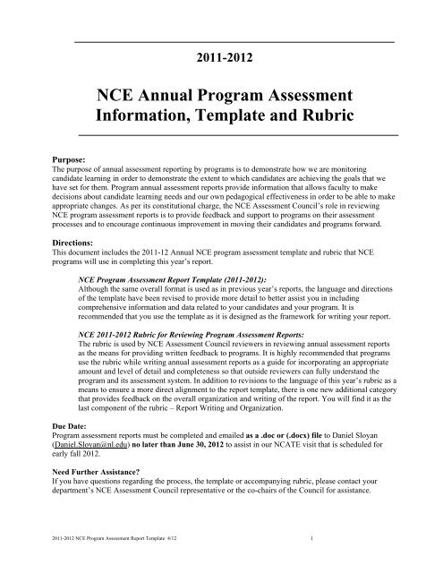 NCE Annual Program Assessment Information, Template and Rubric