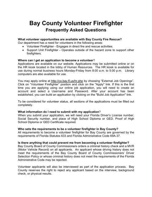 Bay County Volunteer Firefighter Frequently Asked Questions