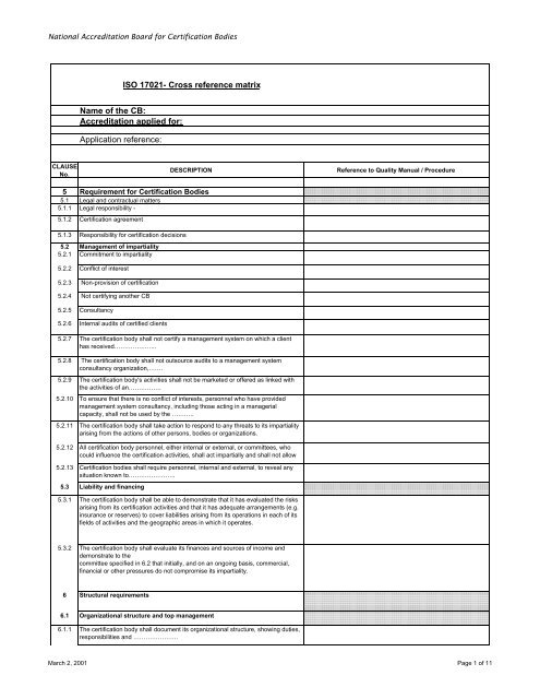 QMS EMS Cross Reference Matrix-ISO 17021 Sept 2007