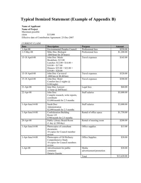 Typical Itemized Statement (Example of Appendix B) - Calgary ...