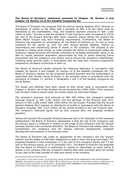 The Board of Directors' statement pursuant to Chapter ... - Assa Abloy