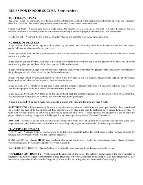 RULES FOR INDOOR SOCCER (Short version) - The Zone Sportsplex