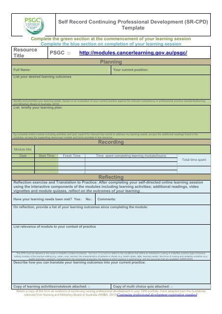Self Record CPD Template (SR-CPD) - Cancer Learning Modules